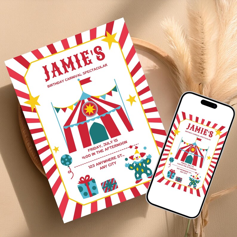 Editable Carnival Birthday Invitation Template: 5x7 Circus Party ...