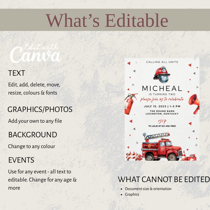 Editable Firetruck Birthday Invitation: Canva Template (digital ...