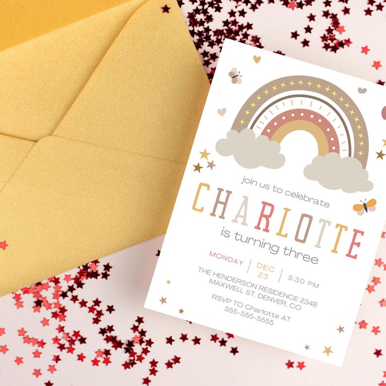 Rainbow Birthday Invitation Template: Editable Boho Bday Invite ...