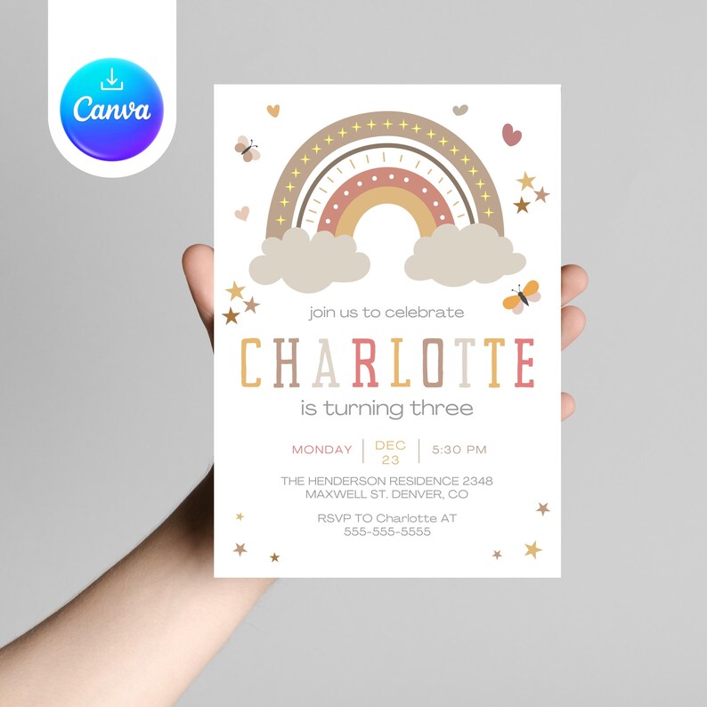 Rainbow Birthday Invitation Template: Editable Boho Bday Invite ...