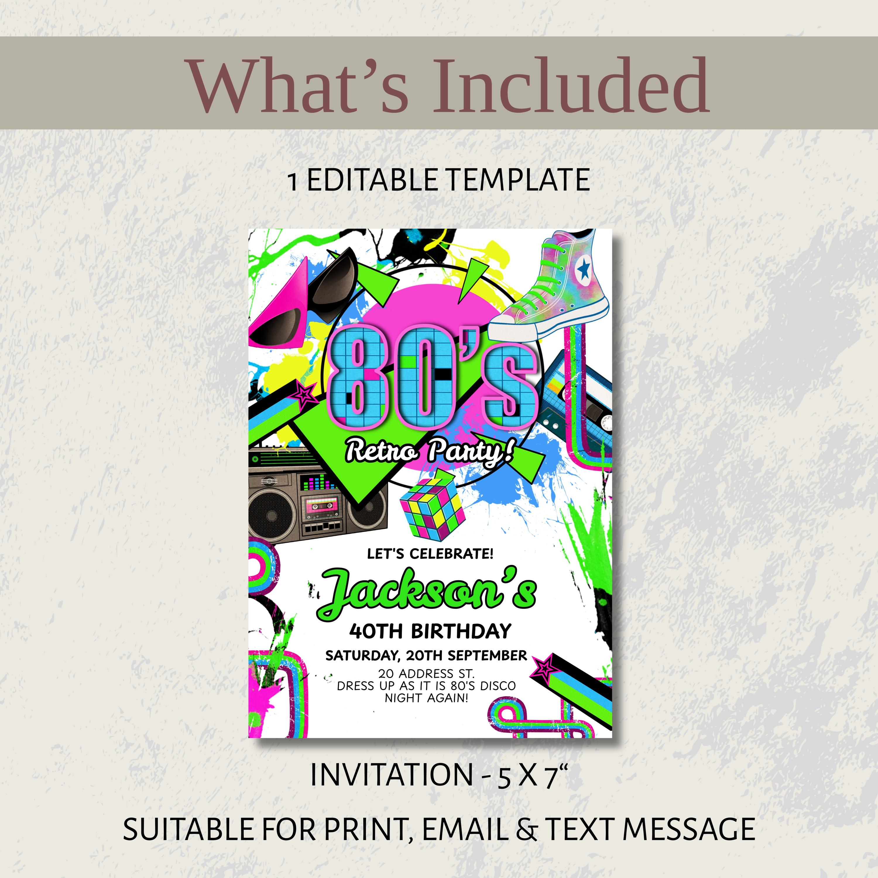 Editable 80s Birthday Invitation: Neon Glow Dance Party (canva Template ...