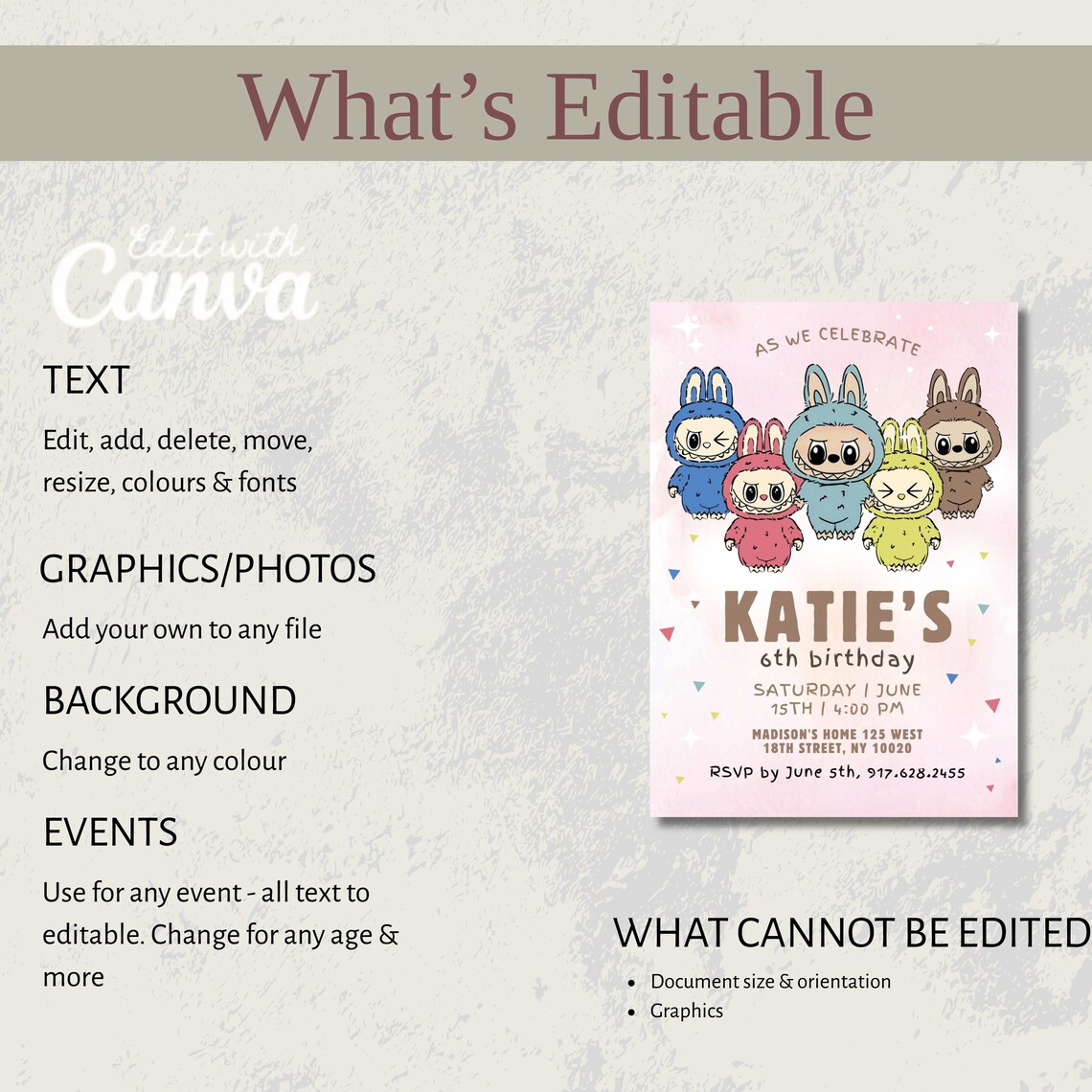 Editable Labubu Birthday Invitation Template - Printable Kids Party ...