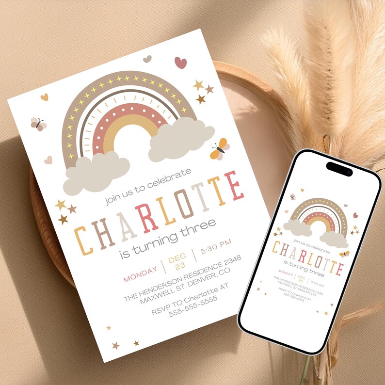 Rainbow Birthday Invitation Template: Editable Boho Bday Invite ...
