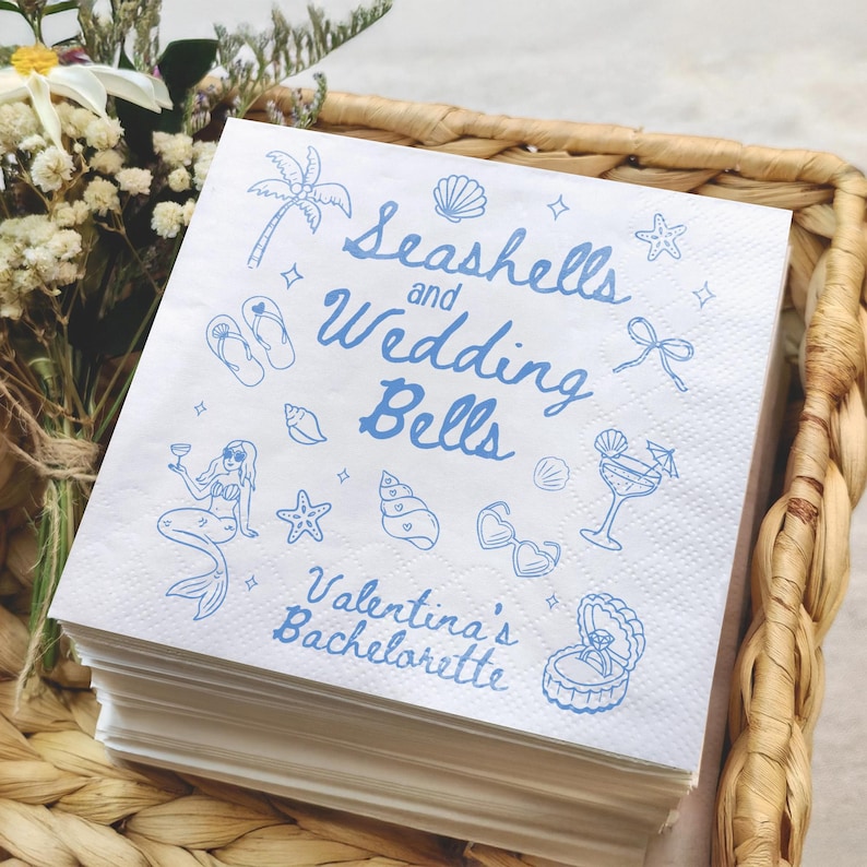 Seashells and Wedding Bells Napkins, Bachelorette Party Mini Liquor ...