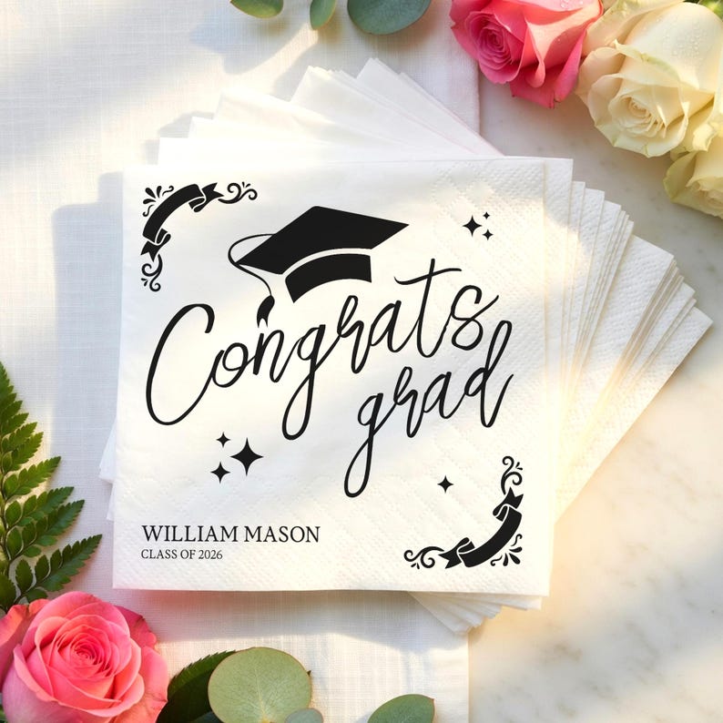Personalized Graduation Elegant Script Stars & Cap Napkins, Custom ...