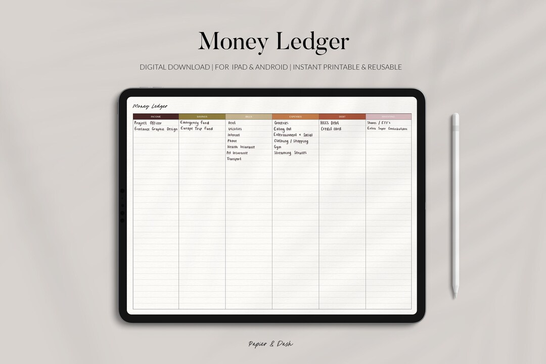 Money Ledger • Minimalist Expense List • Income & Bills Log • Digital ...