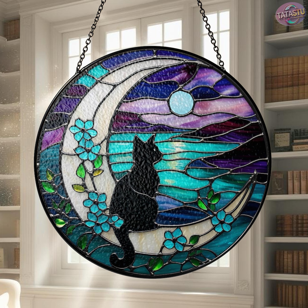 Black Cat Moon Stained Glass Suncatcher, Night Sky Window Hanging ...