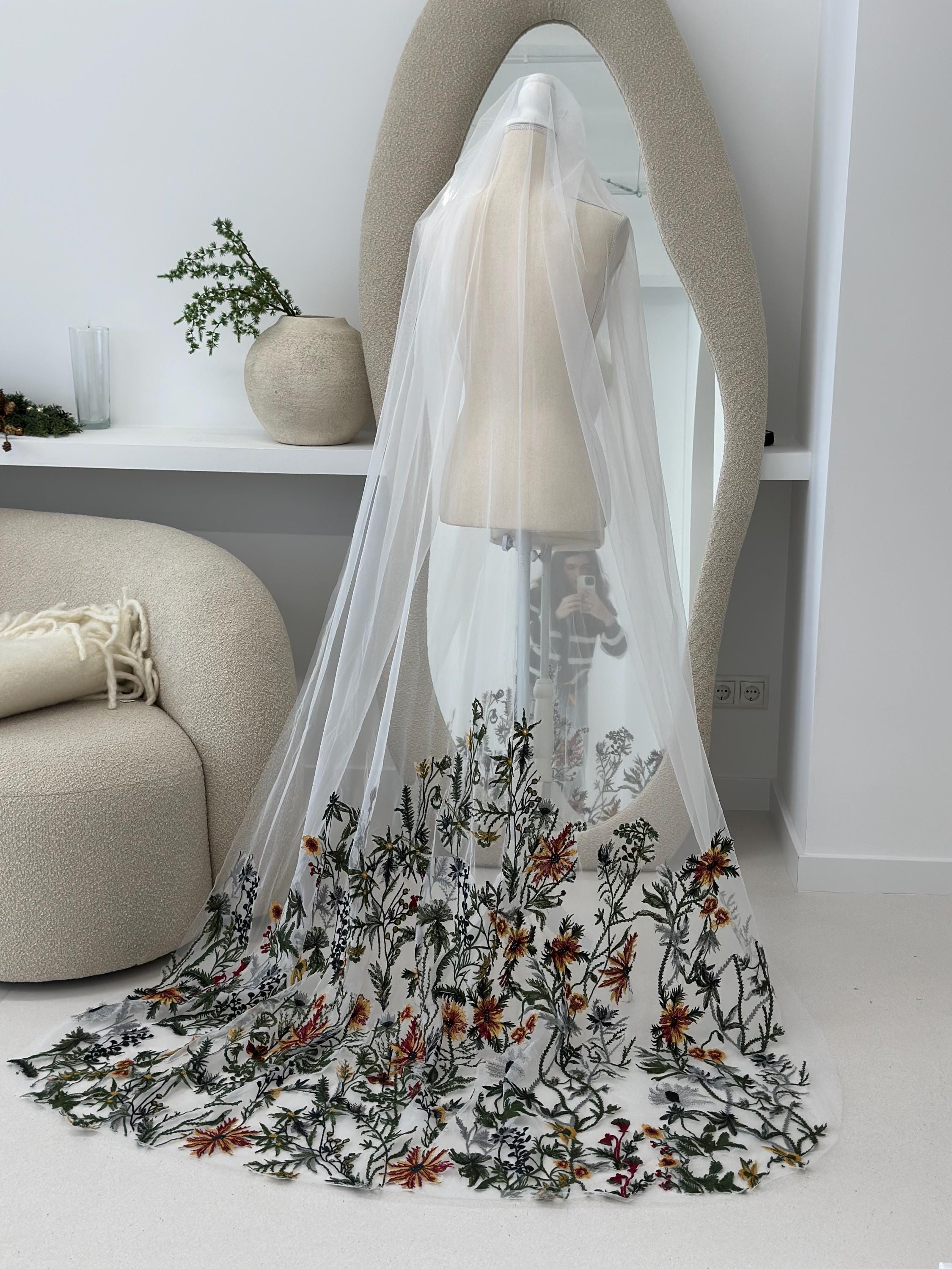 Colorful Wedding Veil , Long Veil , Cathedral Veil, Floral Embroidery ...