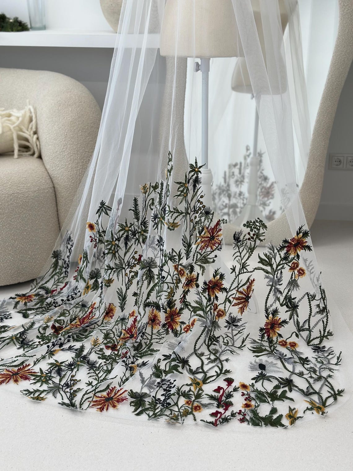 Colorful Wedding Veil , Long Veil , Cathedral Veil, Floral Embroidery ...