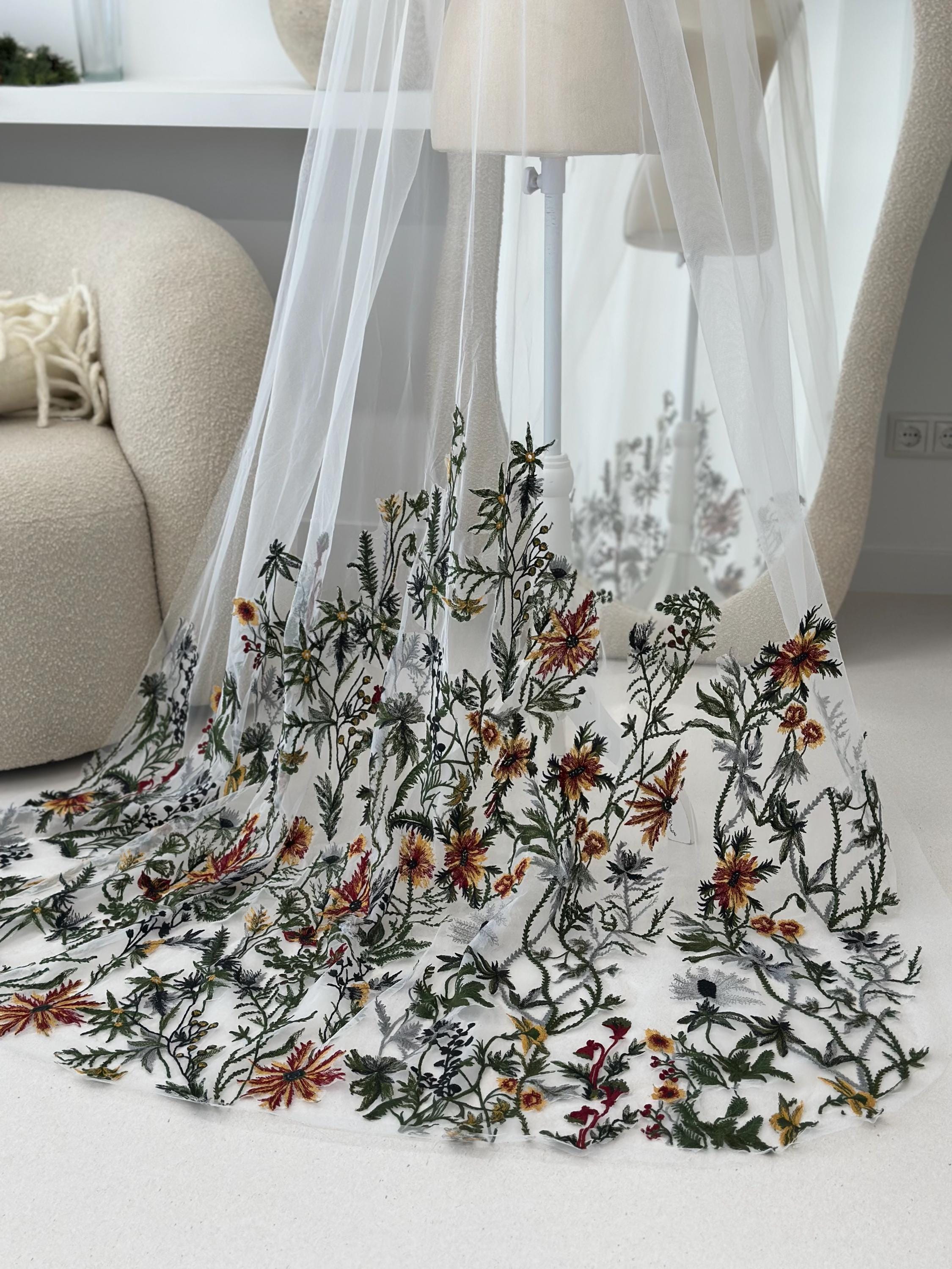Colorful Wedding Veil , Long Veil , Cathedral Veil, Floral Embroidery ...