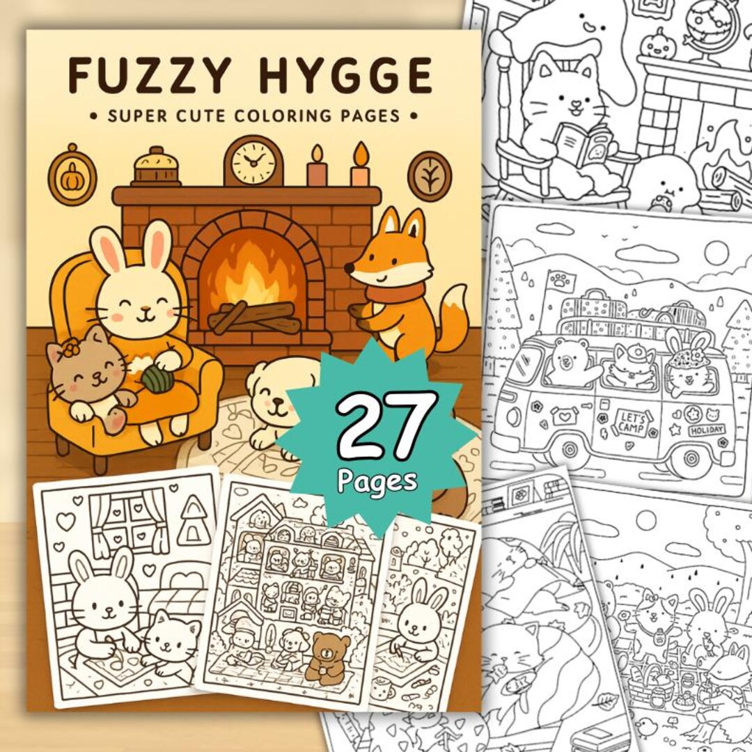 Fuzzy Hygge Coloring Book - 27 Printable Pages PDF | Cozy Cute ...