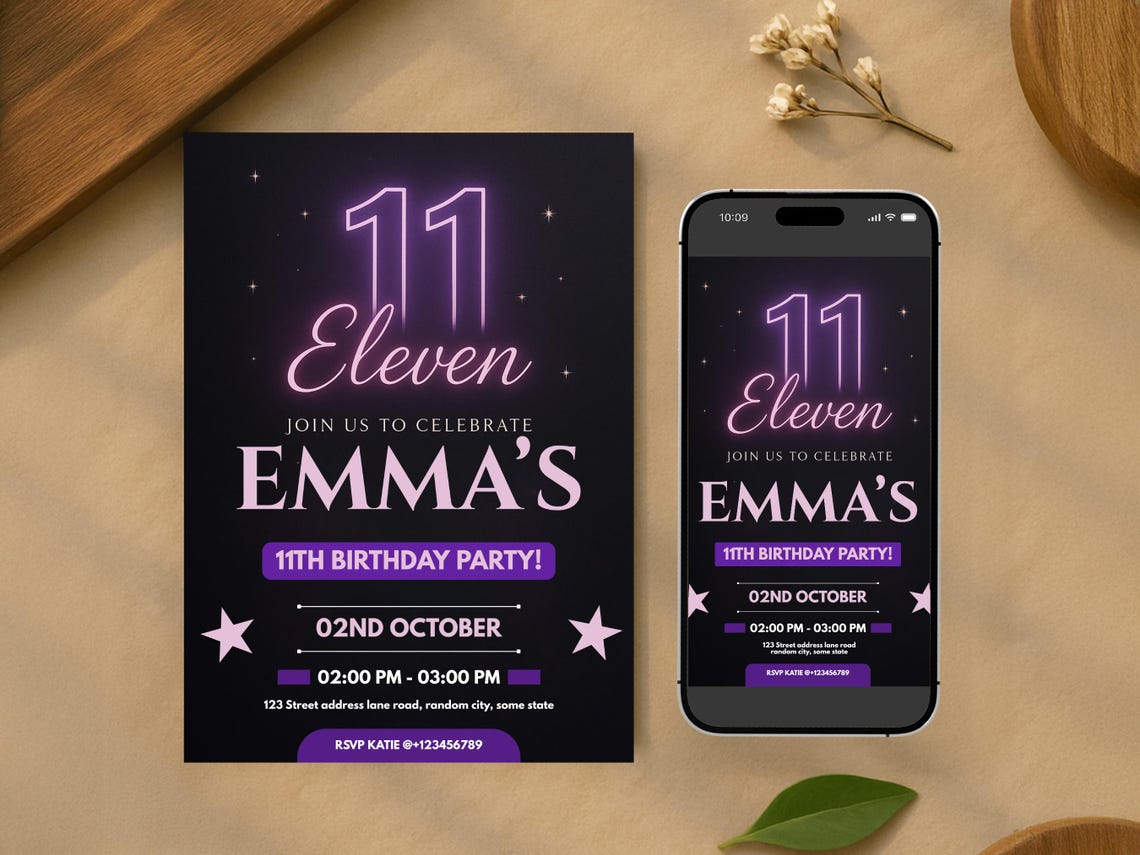 Editable Girl 11th Birthday Invitation Template: Digital Evite ...