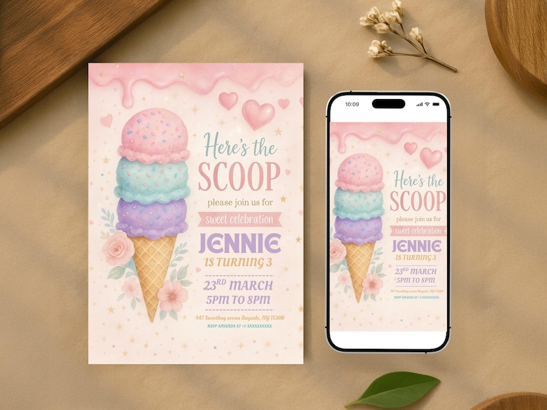Ice Cream Here's the Scoop Birthday Invitation: Sweet Fun Editable ...