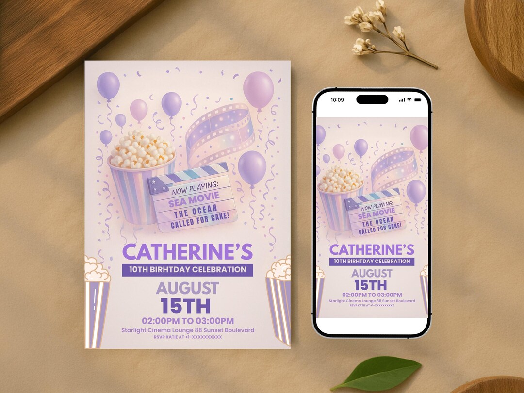 Movie Night Kids Birthday Invitation With Popcorn and Film Theme Canva ...
