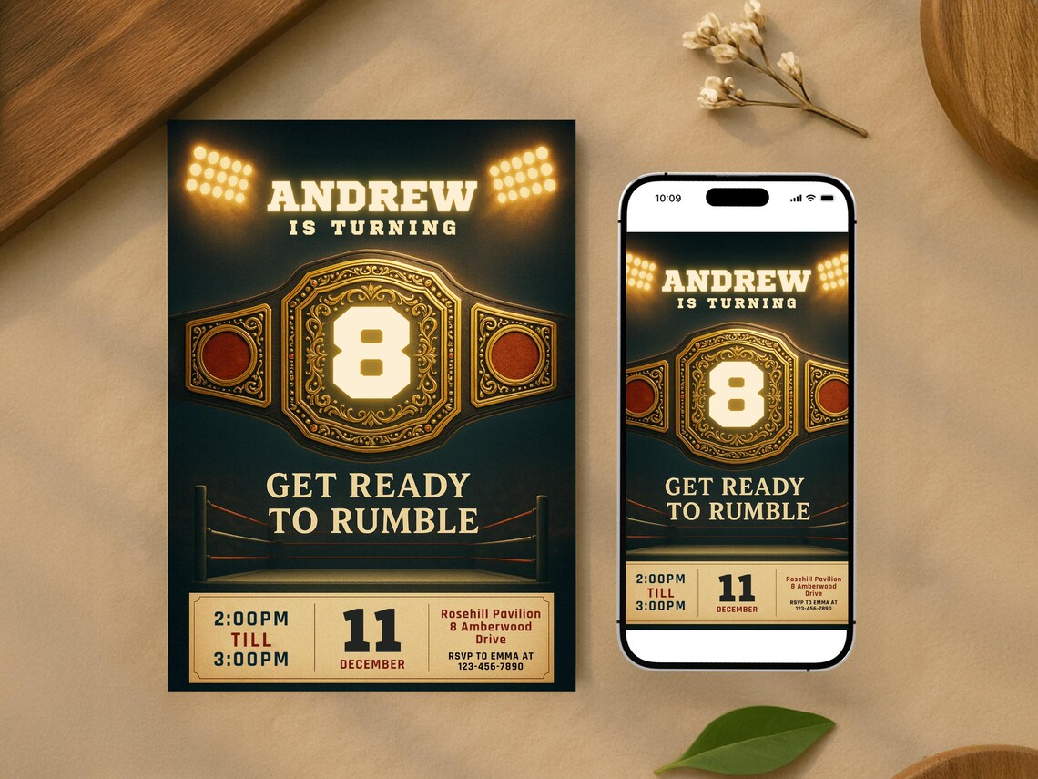 Wrestling Birthday Party Invitation: Championship Belt, Editable Text ...
