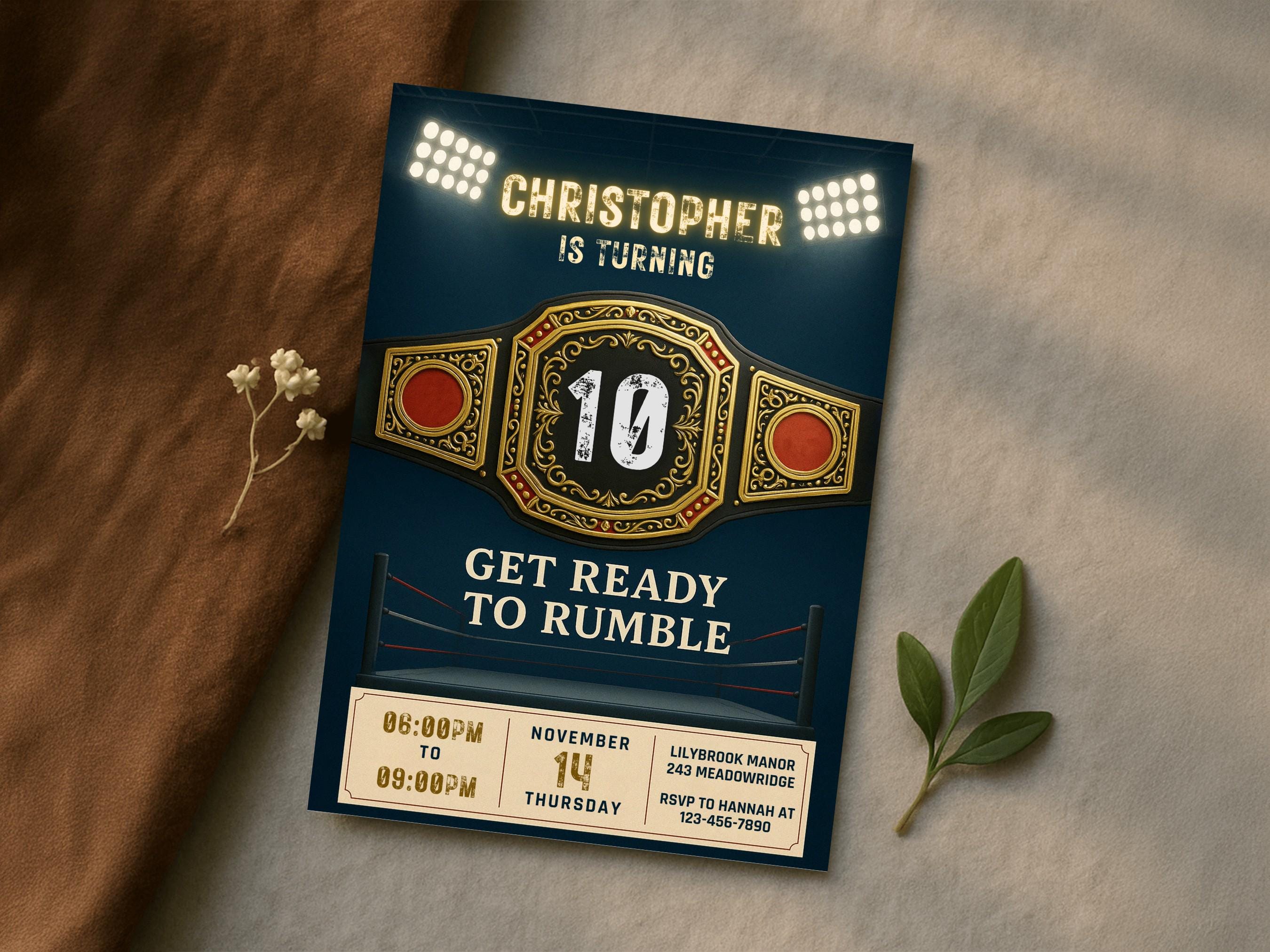 Wrestling Birthday Party Invitation: Championship Belt, Editable Text ...