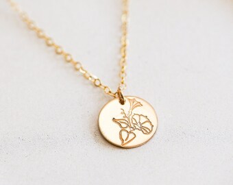 Dainty Silver Gold or Rose Disc Necklace. Birth Flower | Etsy