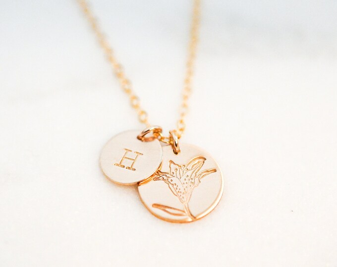 Personalized Dainty Silver, Gold, or Rose Disc Necklace. Birth Flower ...