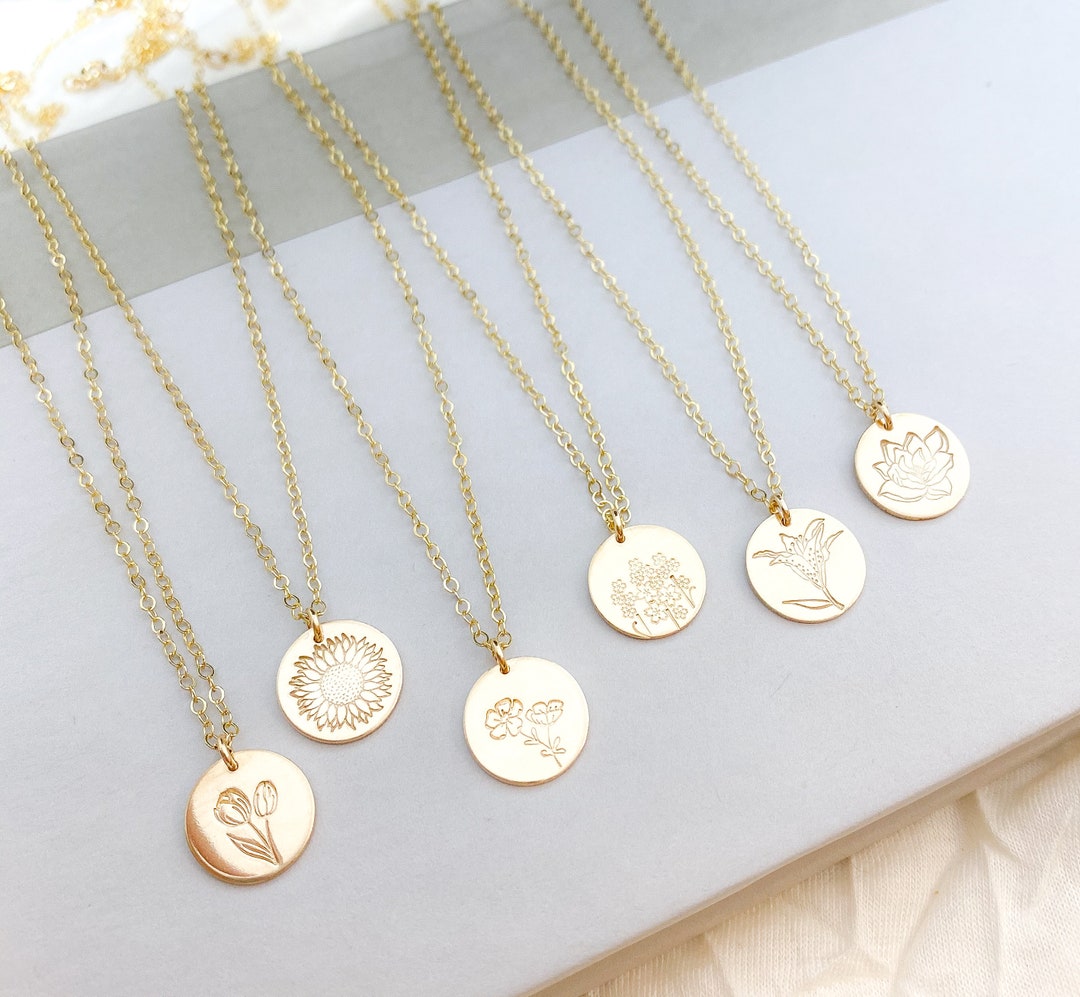 Dainty Silver, Gold, or Rose Disc Necklace. Birth Flower Necklace ...