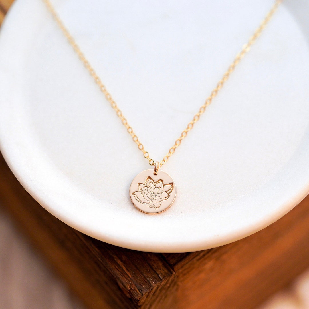 Magnolia Flower Necklace. Dainty Gold, Silver, or Rose Disc Necklace ...