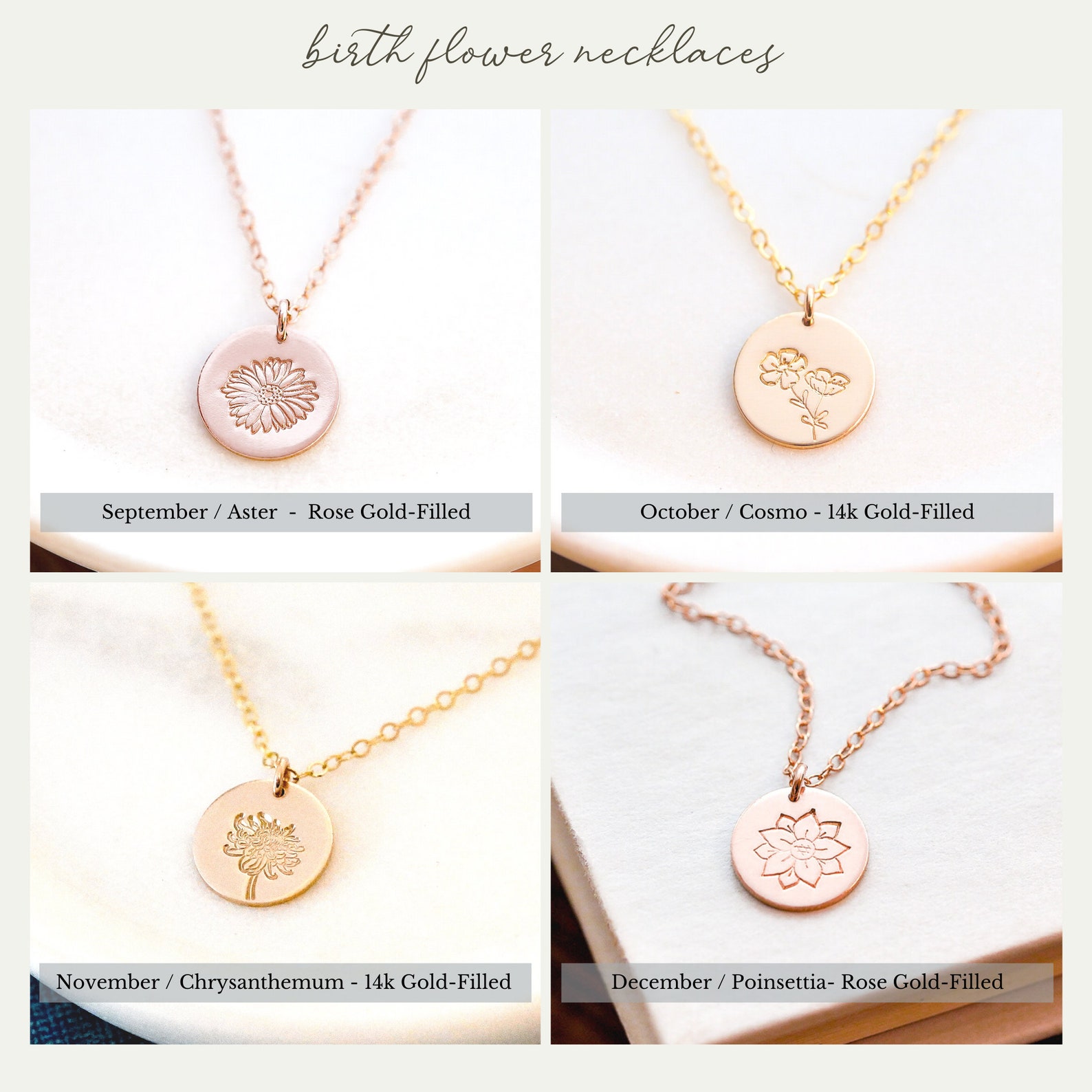 Dainty Silver Gold or Rose Disc Necklace. Birth Flower - Etsy