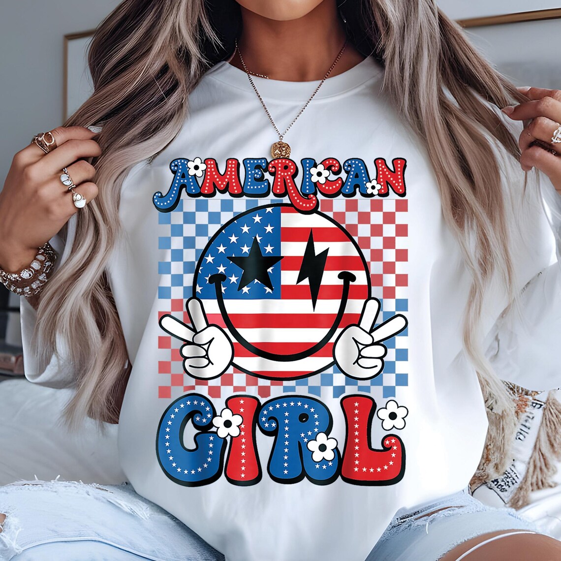American Girl PNG | Retro USA Smiley Face Design | Patriotic American ...