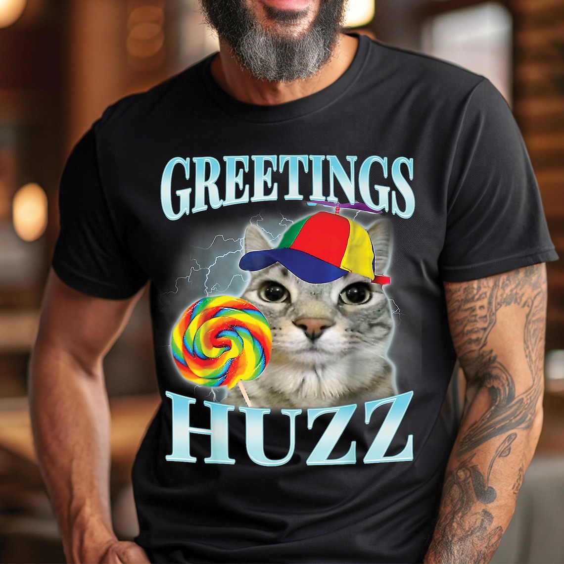 Greetings Huzz Cat Shirt Design | Lollipop Cat Graphic | Funny Digital ...