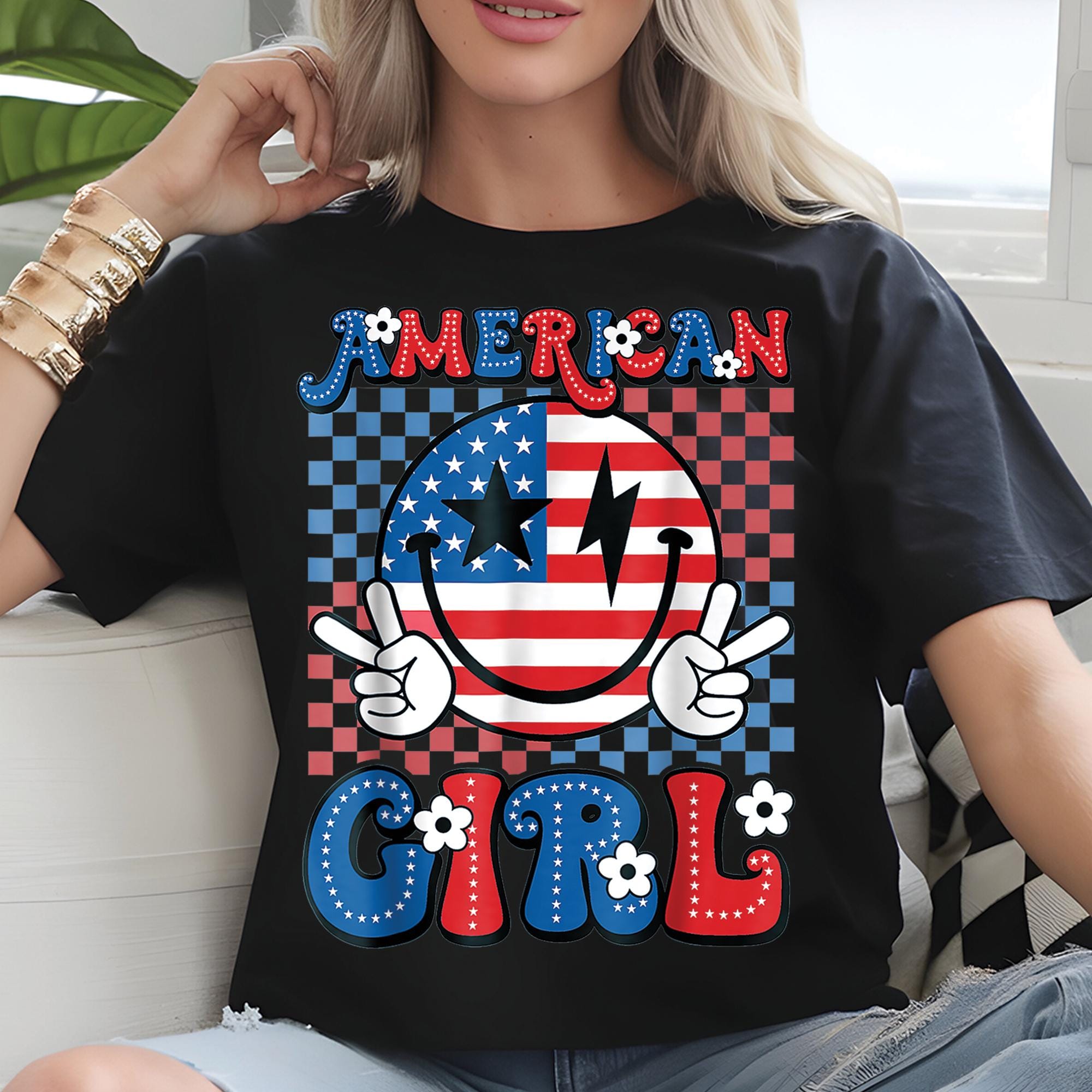 American Girl PNG | Retro USA Smiley Face Design | Patriotic American ...