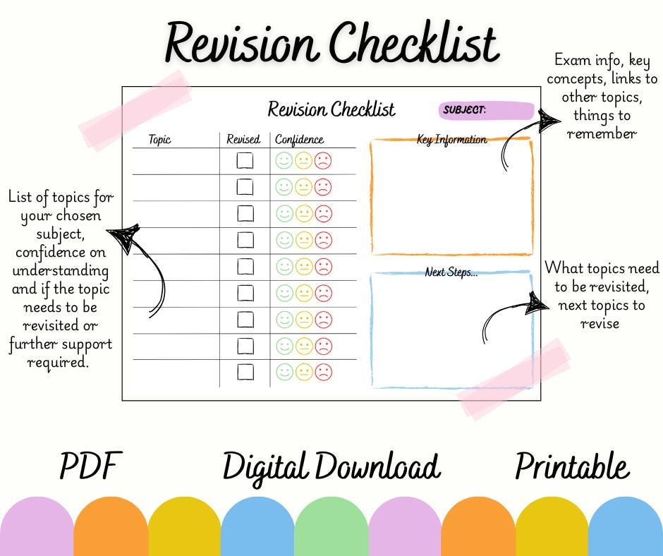 Revision Checklist | Digital Download | Printable A4 Template - Etsy
