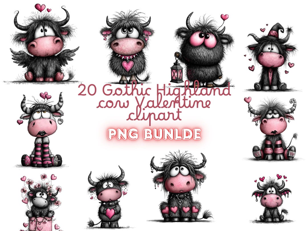 Valentine Gothic Highland Cow Clipart, 20 PNGS, Digital Download - Etsy