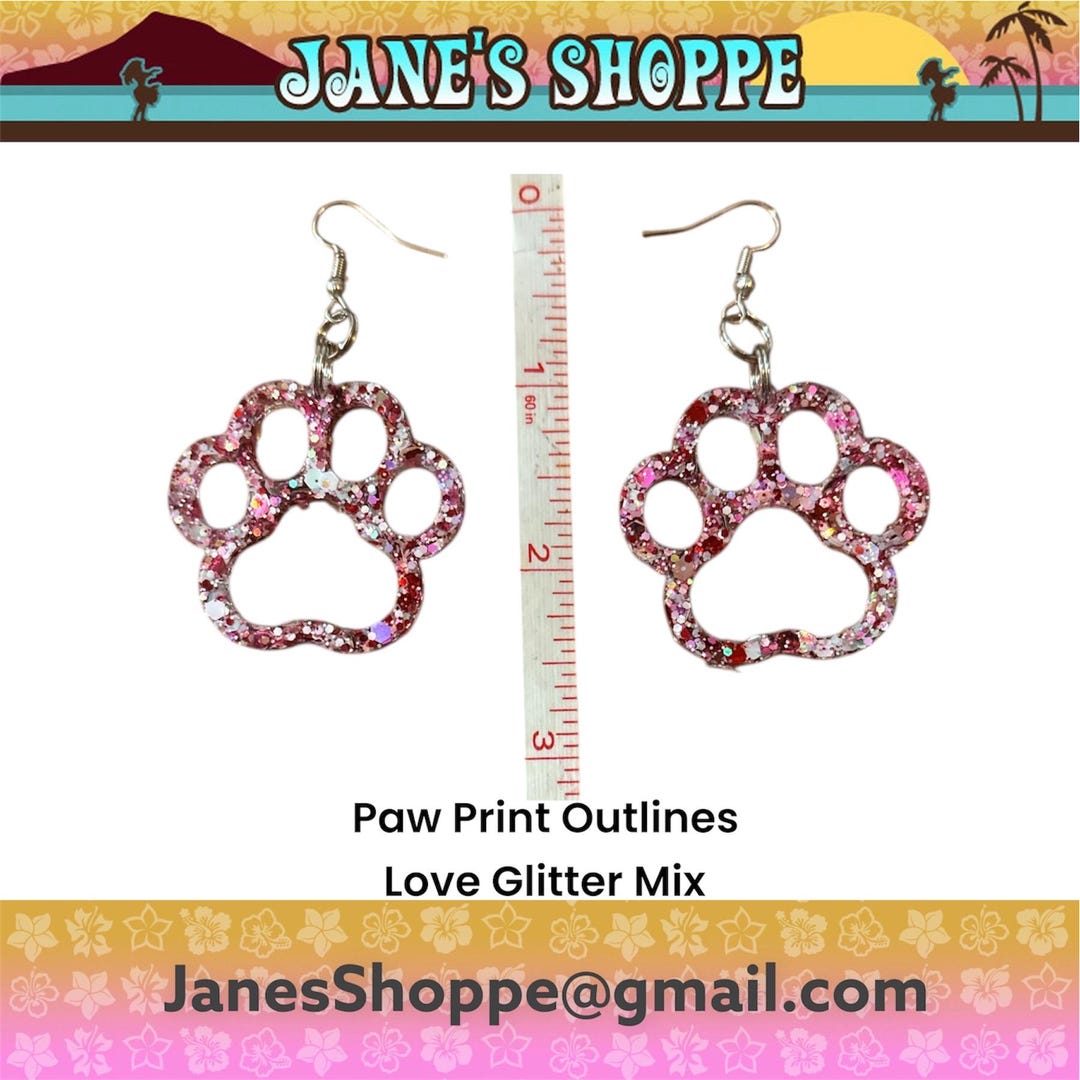 Pretty Paw Print Cute Love Glitter Mix Resin Earrings. Dangle Fish Hook ...