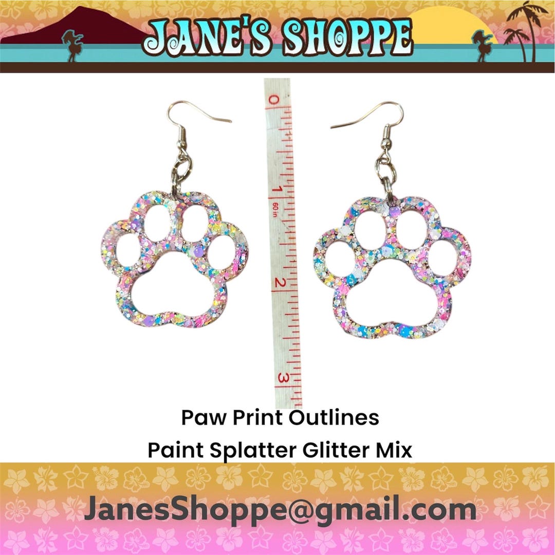 Pretty Paw Print Cute Paint Splatter Glitter Mix Resin Earrings. Dangle ...