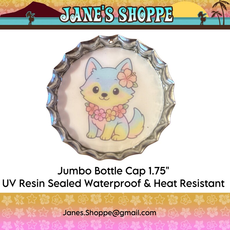 Kawaii Pastel Rainbow Hawaiian Wolf Dog Cute 1.75 Inch Jumbo Bottle Cap ...