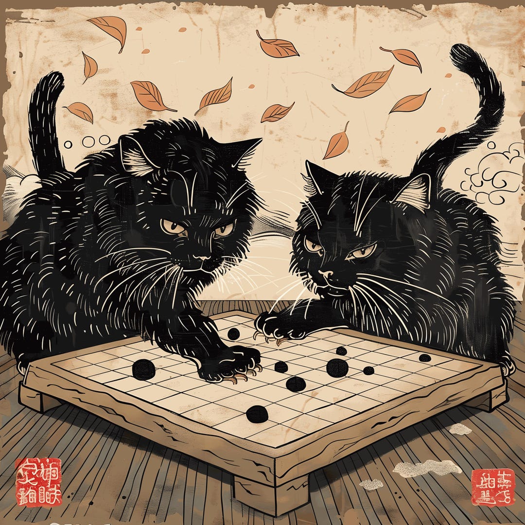 Black Cats Playing Go | Japanese Ink Style Cat Art | Funny Digital ...