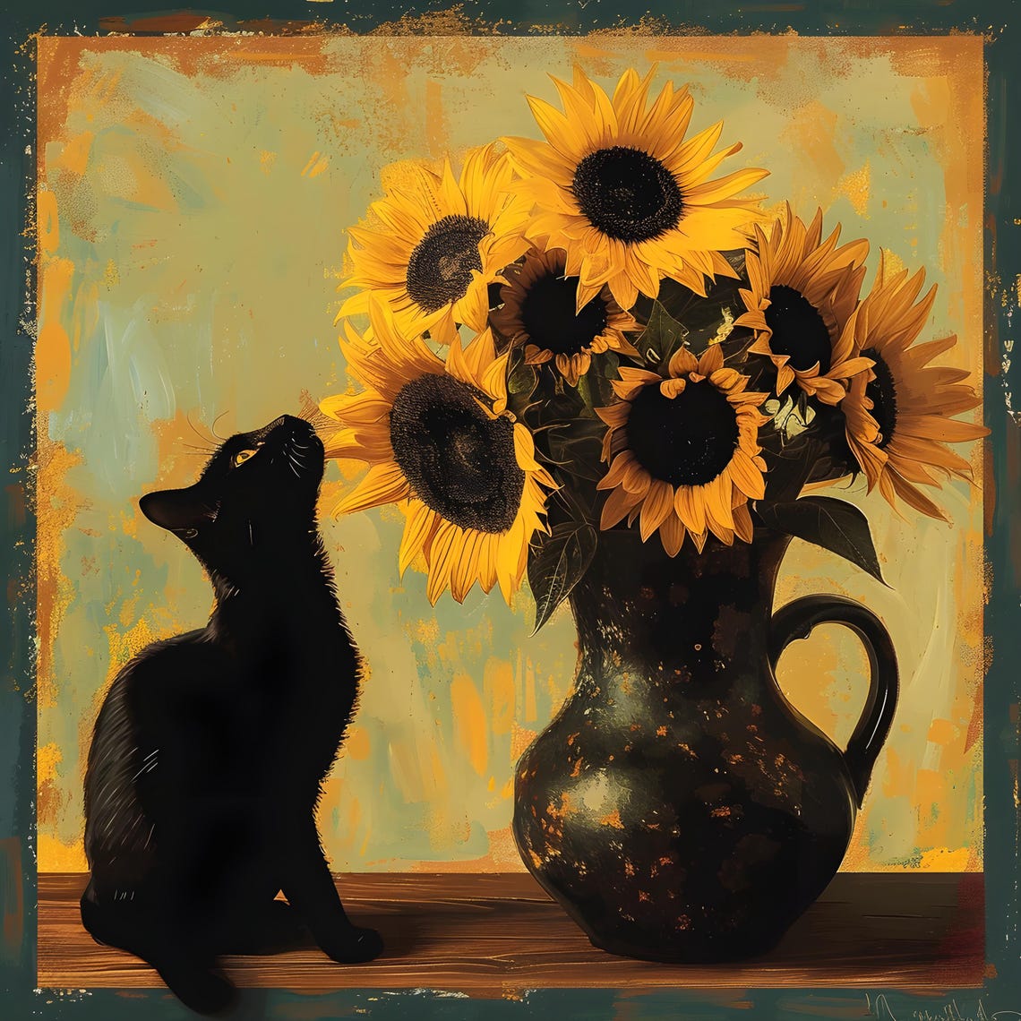 Black Cat and Sunflowers Still Life | Van Gogh Inspired Art | 4096x4096 ...
