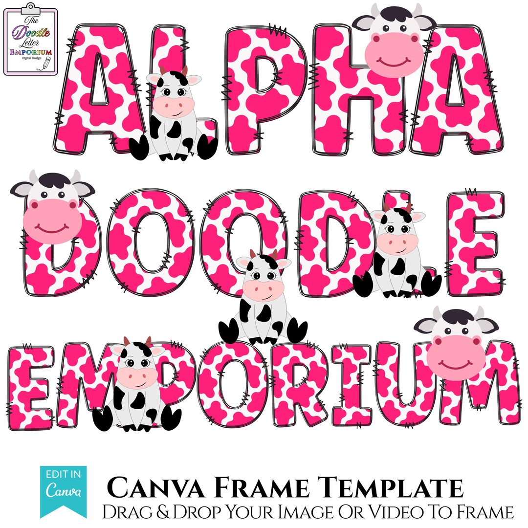 Pink Cowprint Aplha Doodle Letter Set, Canva Template, Digital Design ...