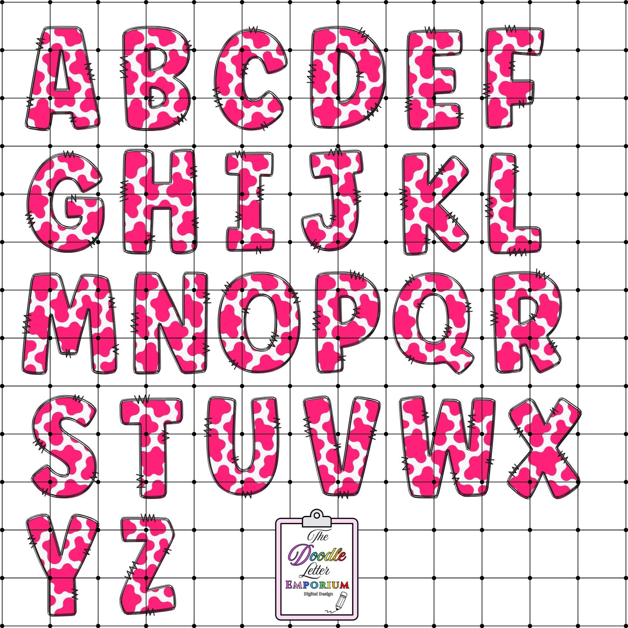 Pink Cow Print Aplha & Number Doodle Set Canva Template - Etsy