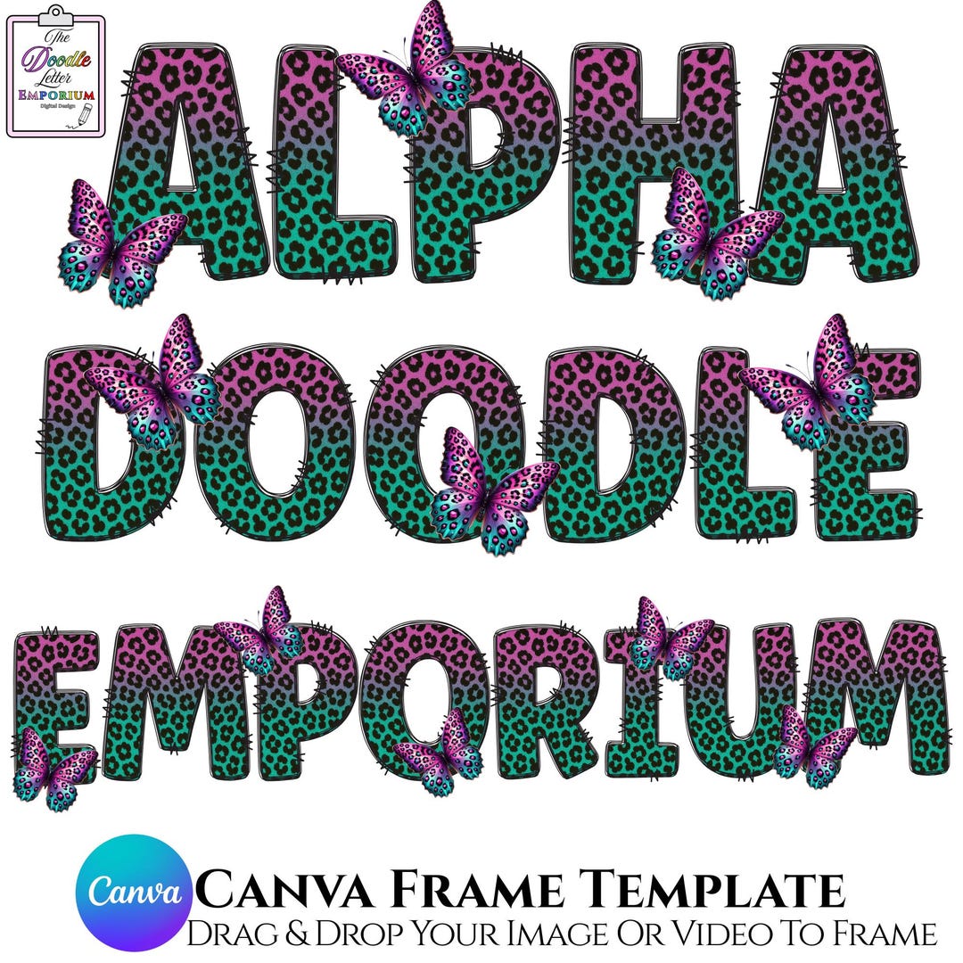 Leopard Pink Aqua Alpha & Number Doodle Set Canva Template - Etsy
