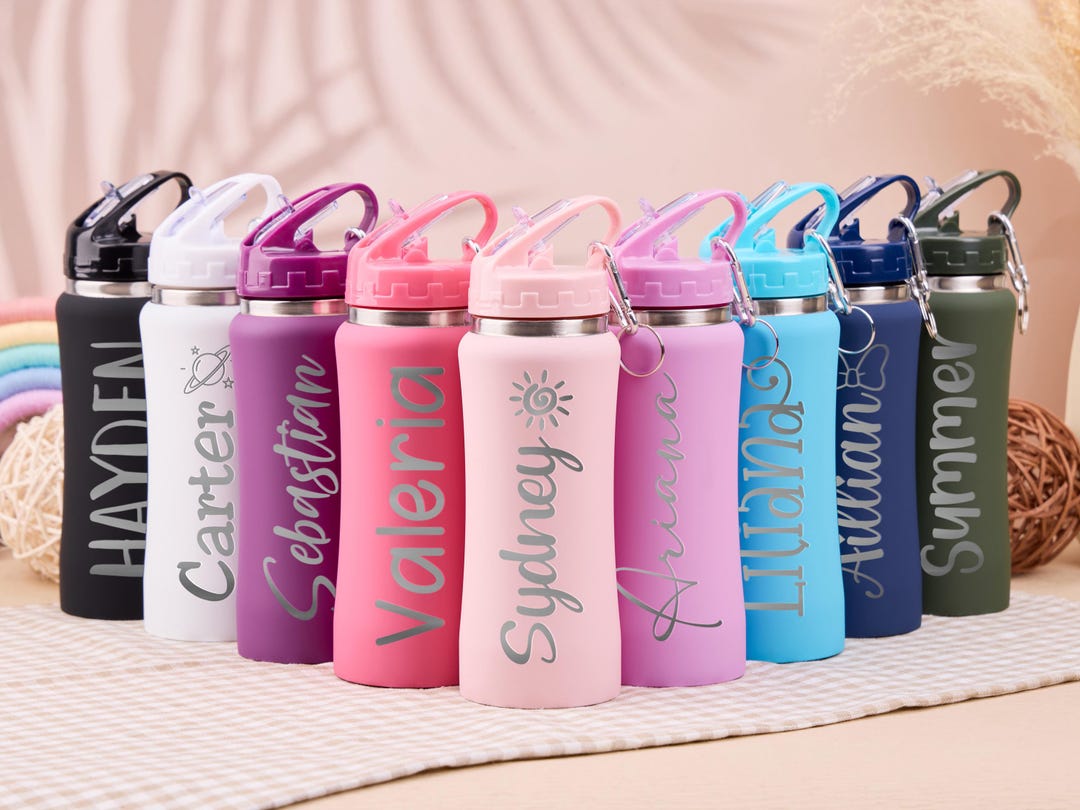 Personalized Kids Water Bottle With Straw, Custom Laser Engraved Name ...