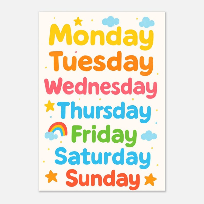 Rainbow Days of the Week Poster – Kids Learning Wall Art, Playroom or ...
