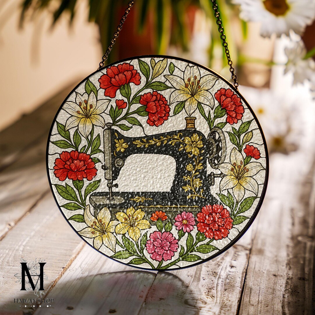 Vintage Sewing Machine Stained Glass Suncatcher – Floral Window Hanging ...