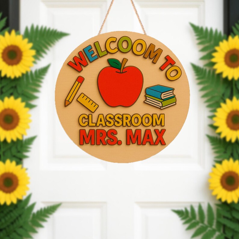 Welcome Classroom Door Sign With Apple and Books, Personalized Teacher ...