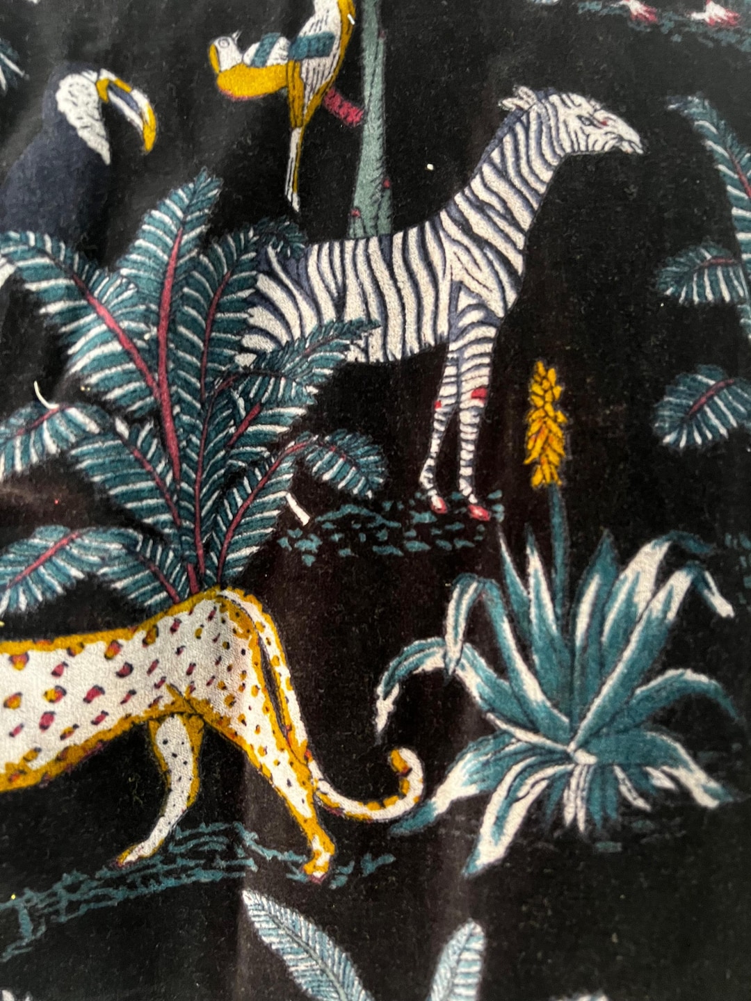 Black Jungle Animal Print Velvet Fabric: Zebra, Leopard, Bird Botanical ...