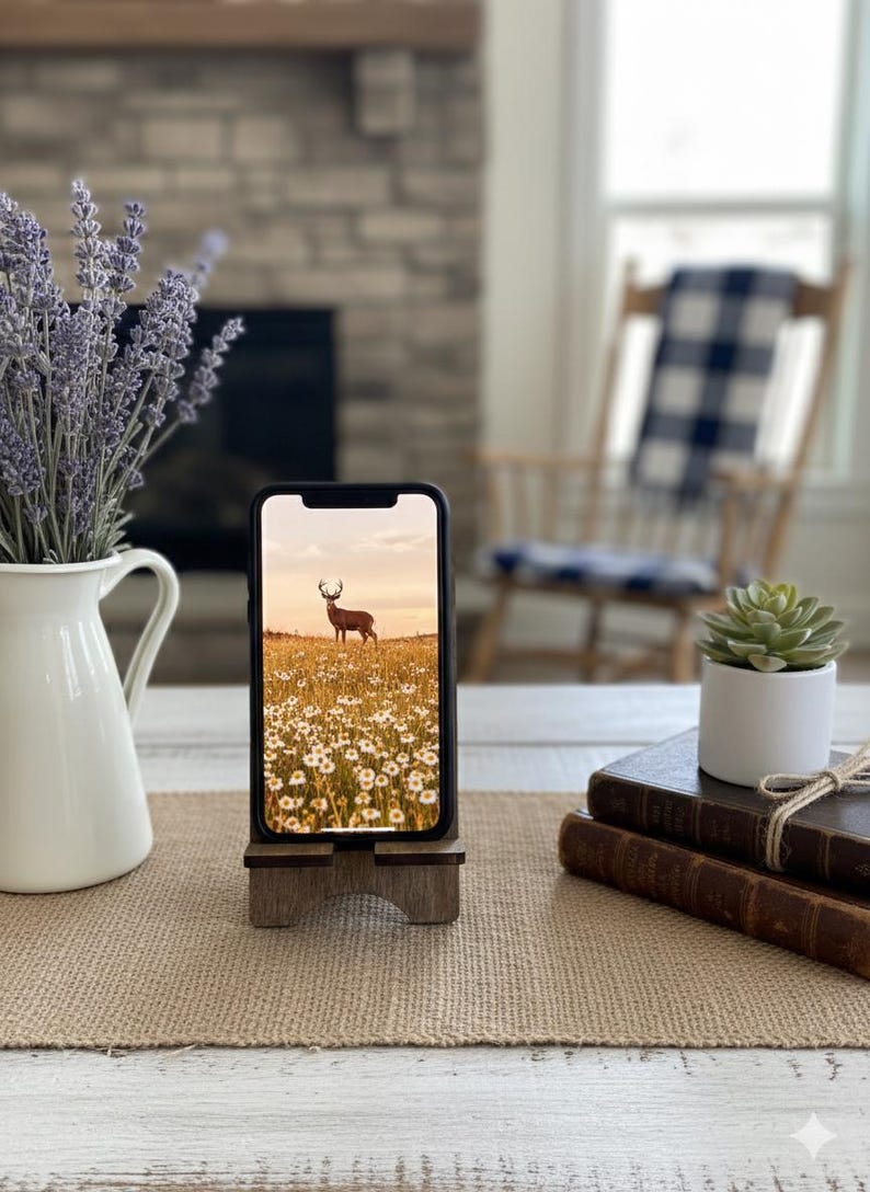 Rustic Deer & Mountain Wood Phone Stand – Handmade Maple Desk Accessory ...