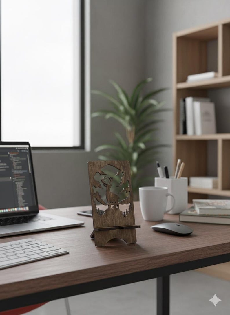 Rustic Deer & Mountain Wood Phone Stand – Handmade Maple Desk Accessory ...