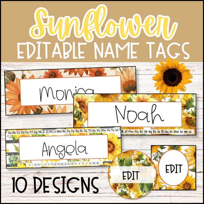Sunflower Classroom Decor: Editable Name Tags & Labels (canva Template ...