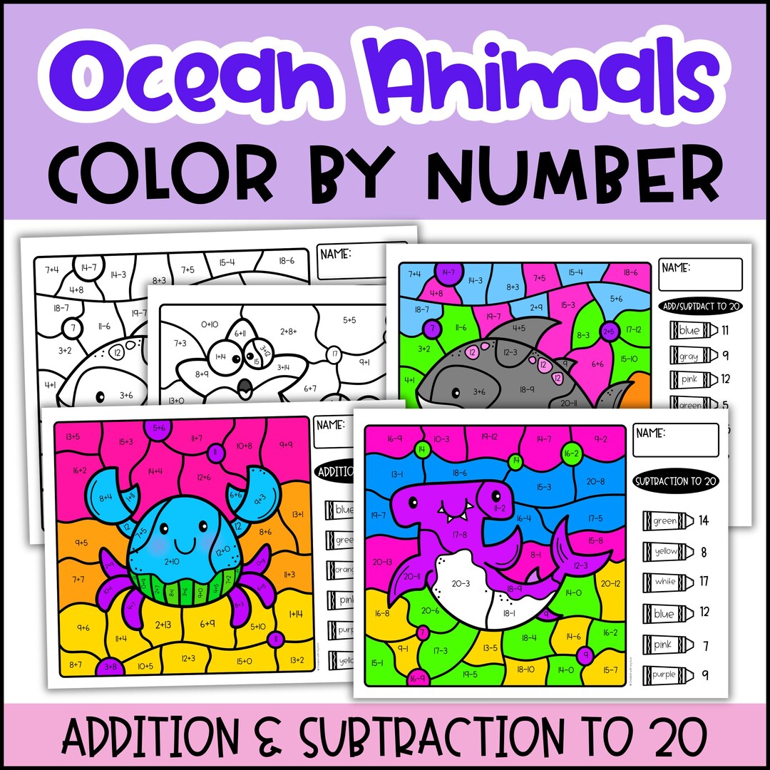 Summer Ocean Animals Coloring Pages by Number Addition Subtraction to ...