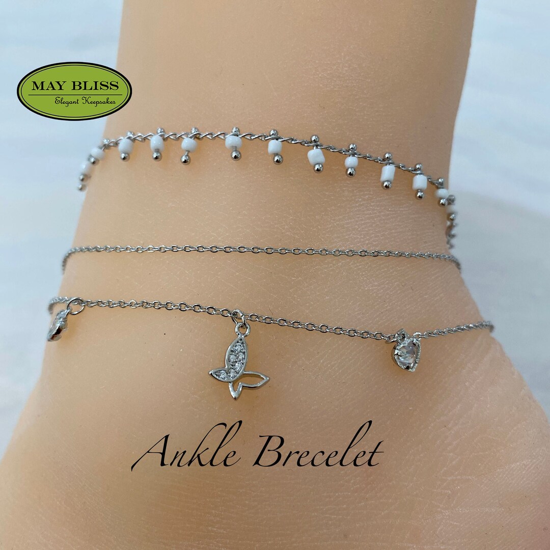 Beaded Ankle Bracelet: Silver Chain Anklet With Rhinestone Charms - Etsy
