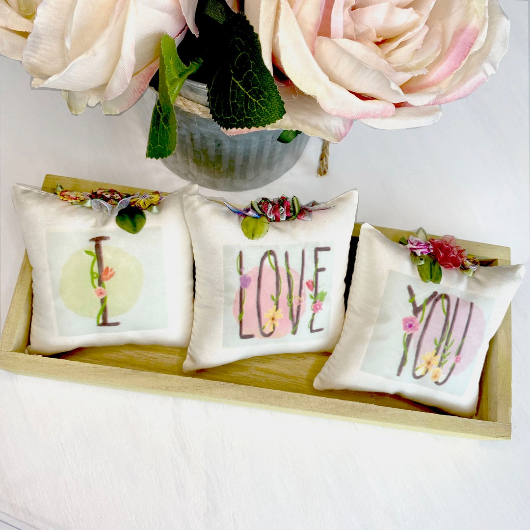 Three Silk Sachets in Wooden Box, I Love You Sachet Decorated With ...