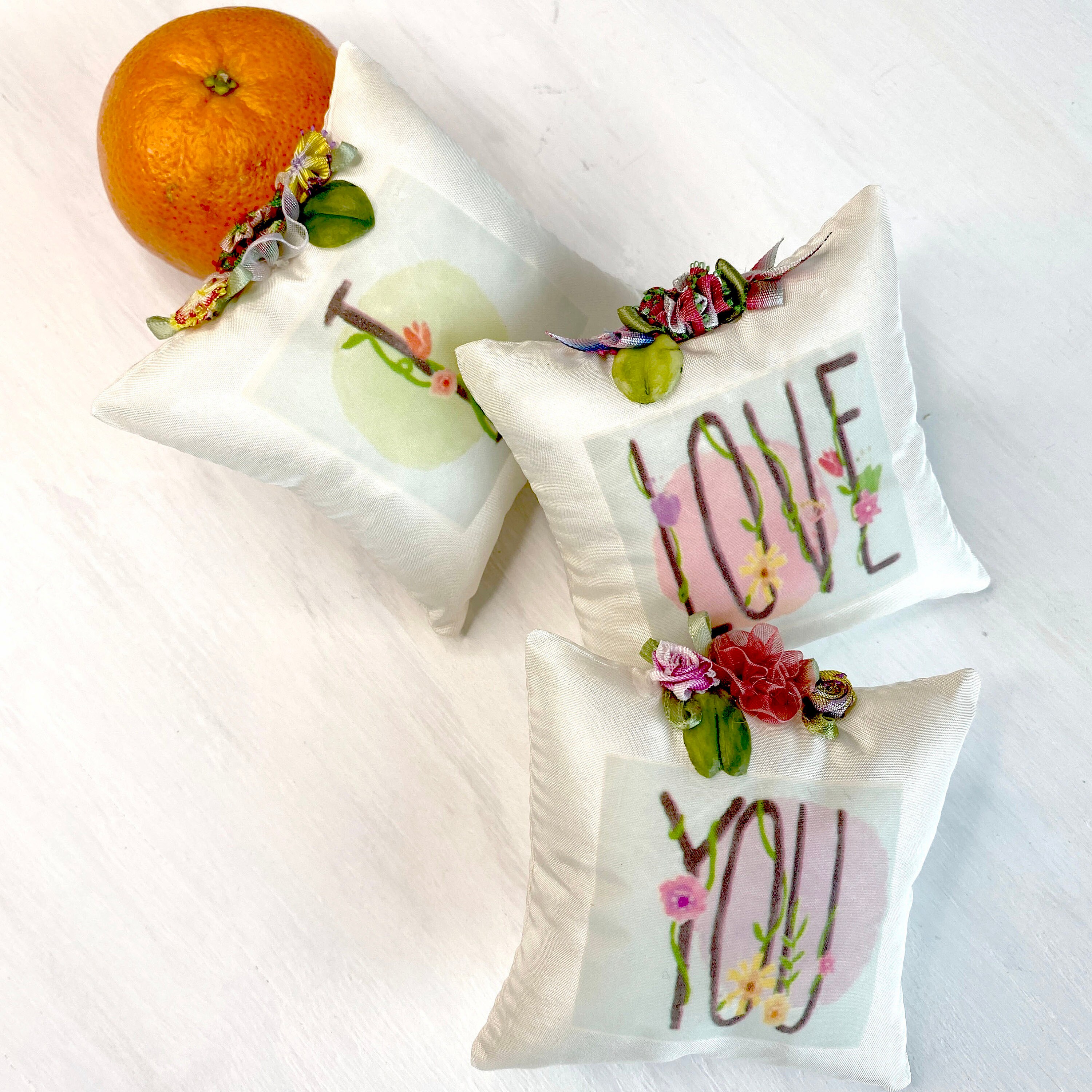 Three Silk Sachets in Wooden Box, I Love You Sachet Decorated With ...